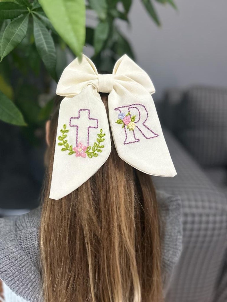 Initial Hand Embroidered Bow With Cross Custom Initial Bow - Etsy