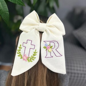 Initial Hand Embroidered Bow With Cross - Custom Initial Bow With Cross ...