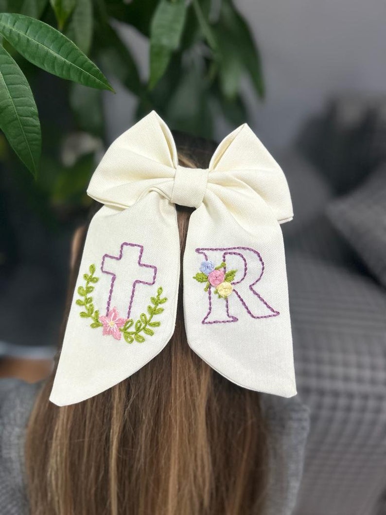 Initial Hand Embroidered Bow With Cross Custom Initial Bow - Etsy