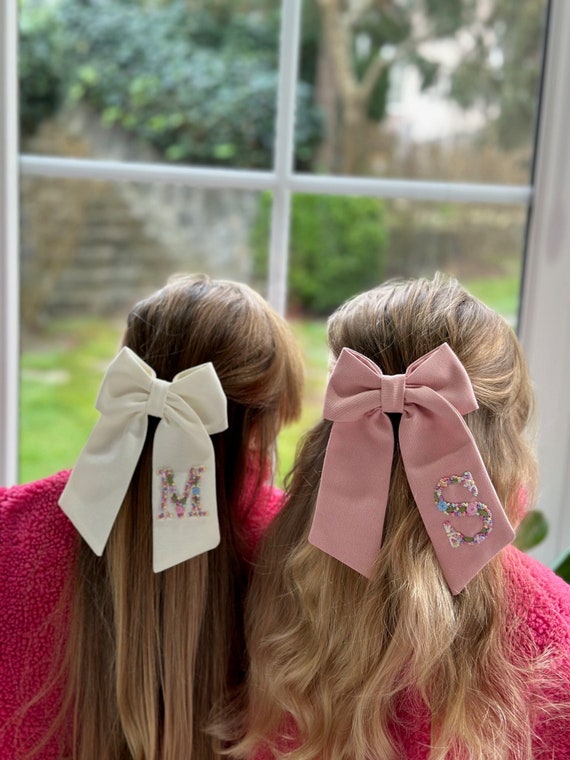 Initial Hand Embroidered Bow Custom Initial Bow Hair Bow Floral Hair Bow Kids Hair Clips Childrens Hair Bow Clip Baby Hair Bow Etsy Ireland