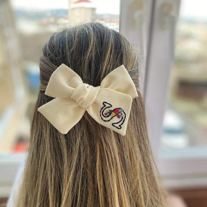 Initial Hand Embroidered Bow Custom Initial Bow Hair Bow - Etsy