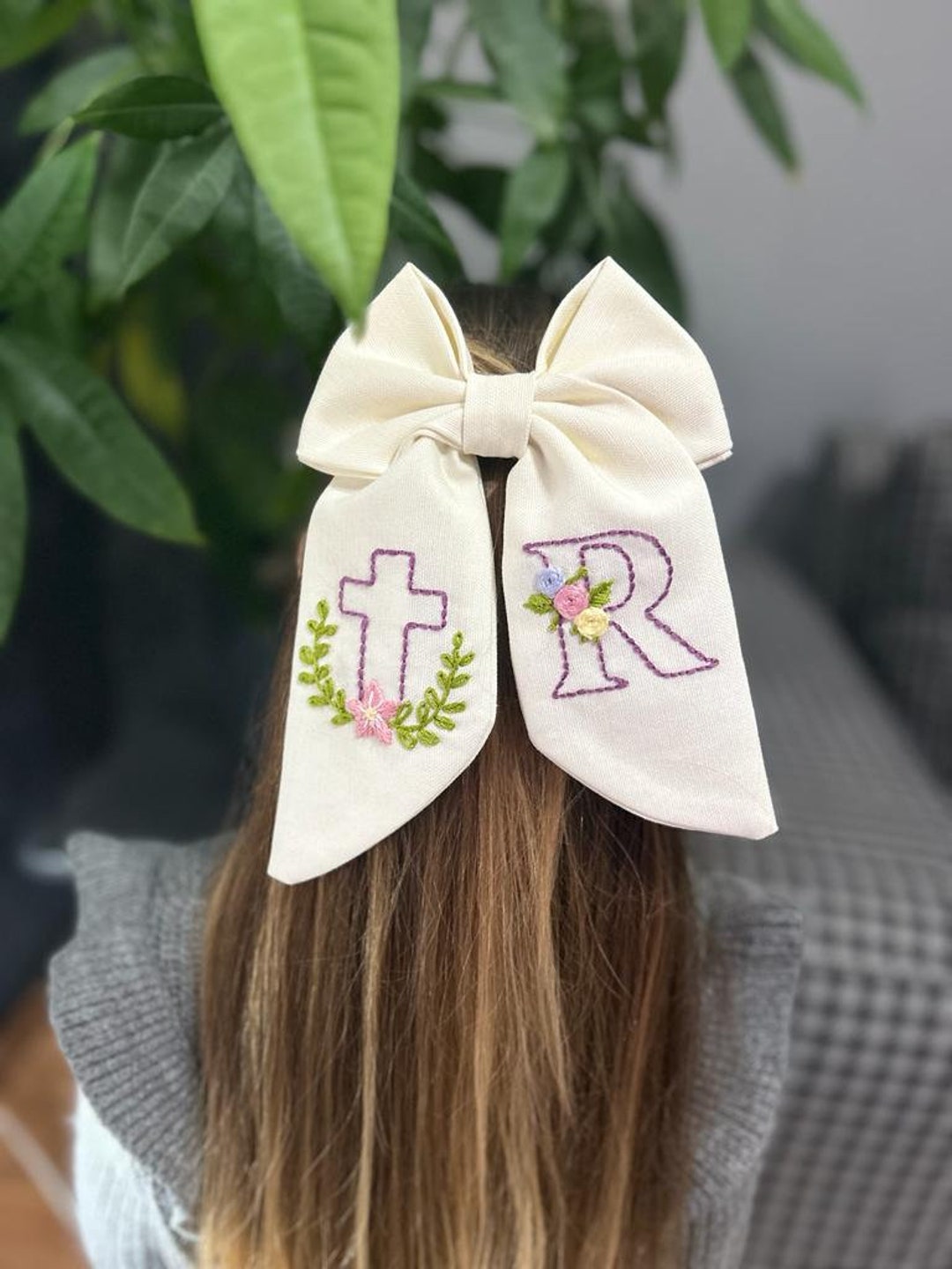Initial Hand Embroidered Bow With Cross - Custom Initial Bow With Cross ...