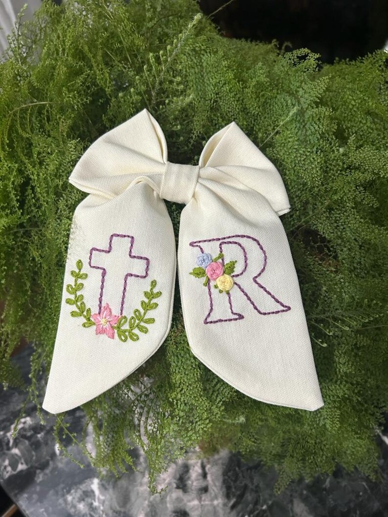 Initial Hand Embroidered Bow With Cross Custom Initial Bow - Etsy