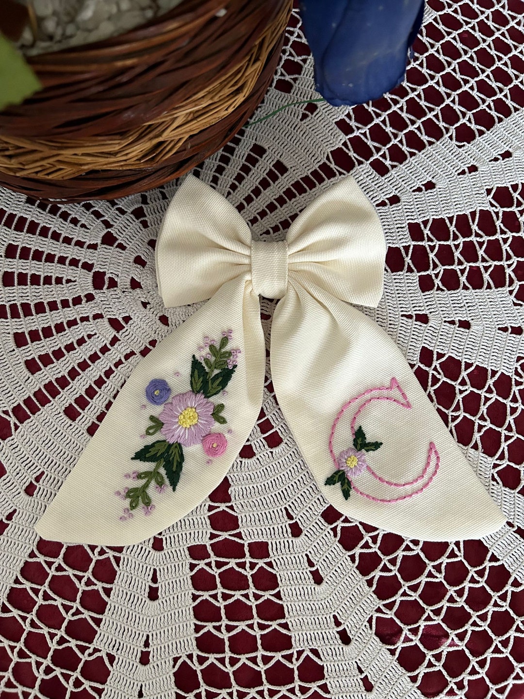 Initial Hand Embroidered Bow - Custom Initial Bow - Hair Bow - Floral ...