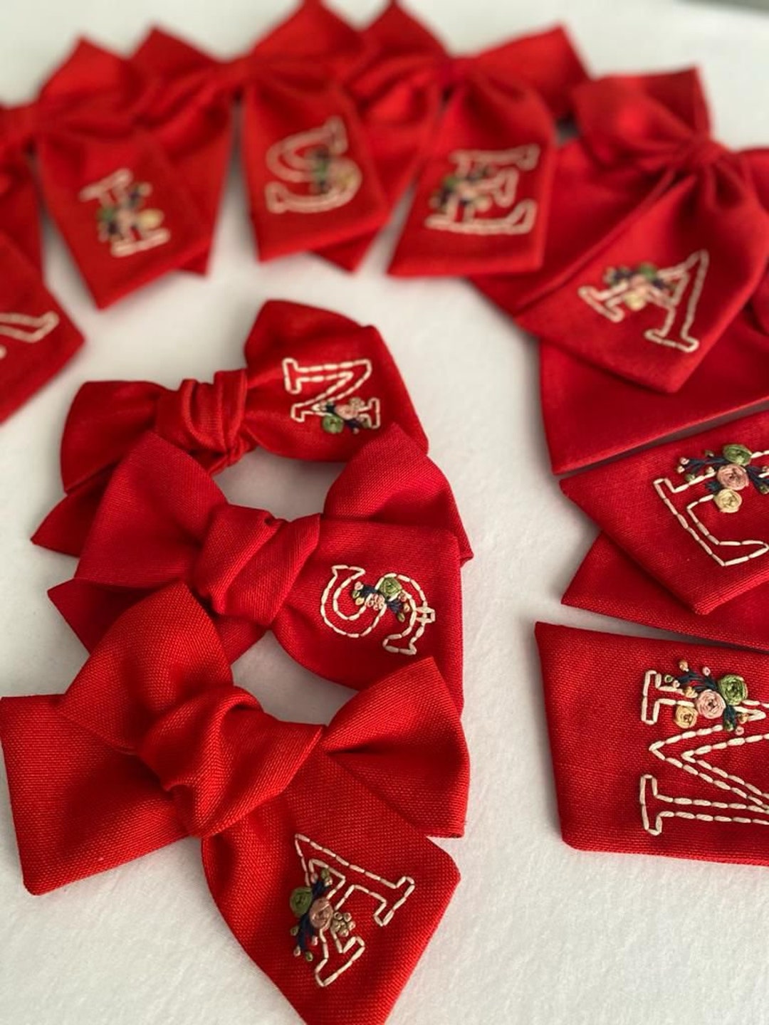 Initial Hand Embroidered Bow Custom Initial Bow Hair Bow Floral Hair ...