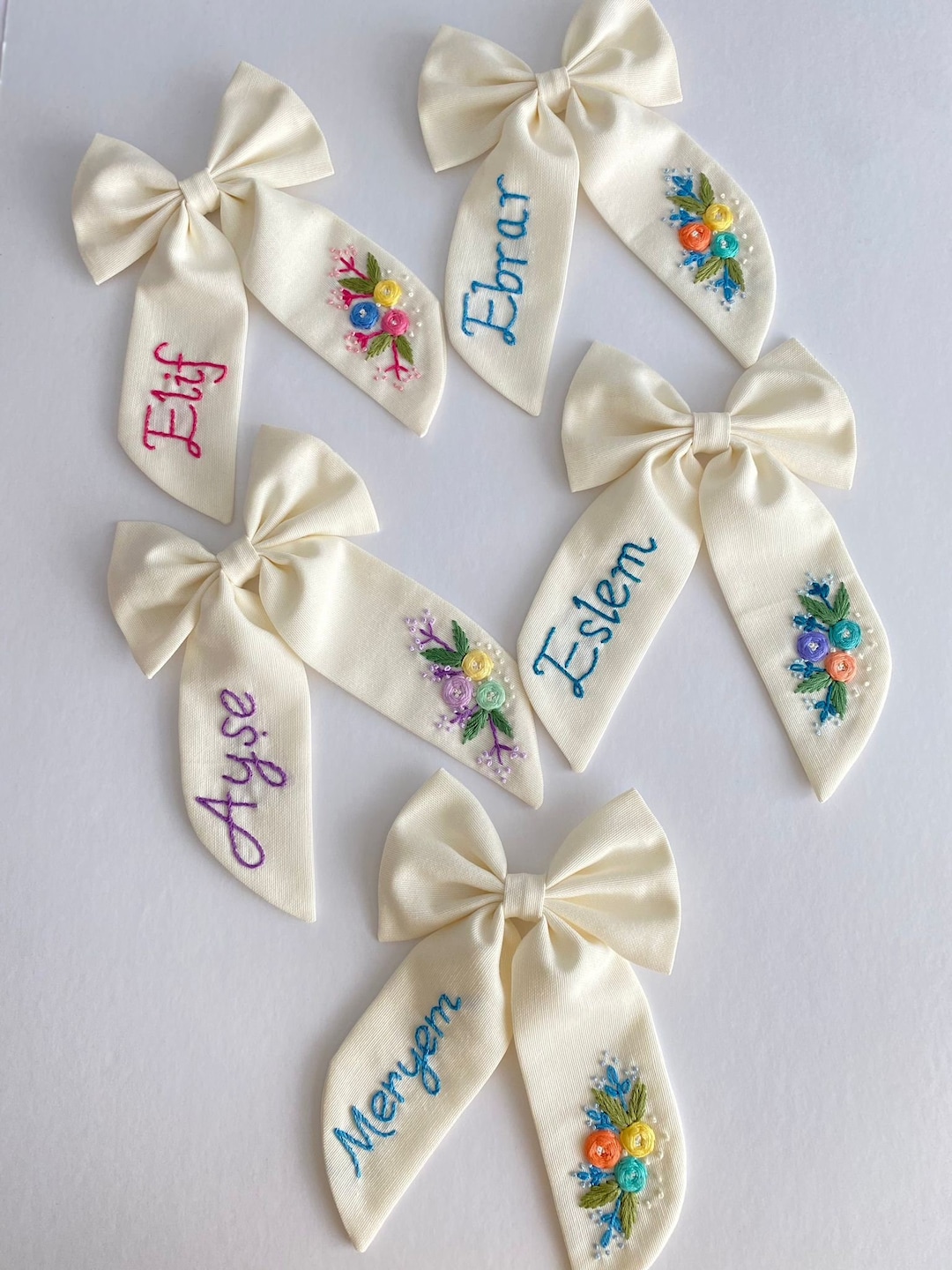 Name Hand Embroidered Bow - Custom Name Bow - Hair Bow - Floral Hair ...