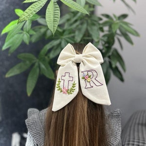 Initial Hand Embroidered Bow With Cross - Custom Initial Bow With Cross ...