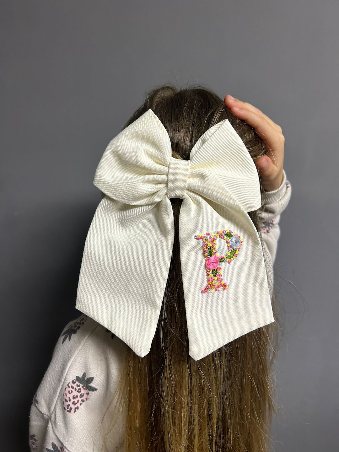 Handmade Initial Hair Bow: Embroidered Floral Linen Bow Clip - Etsy