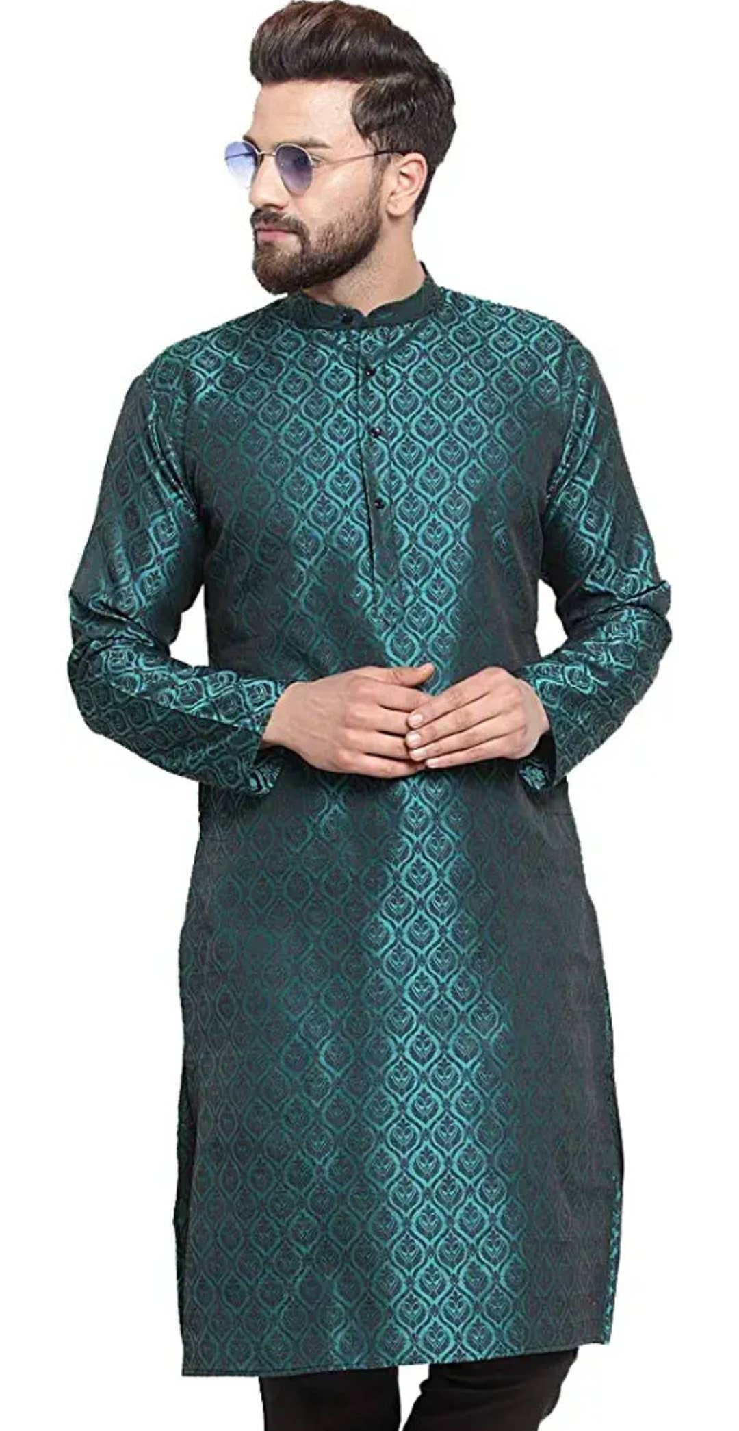 Mens Printed Indian Traditional Wear Jacquard Silk Kurta / Mens Long ...
