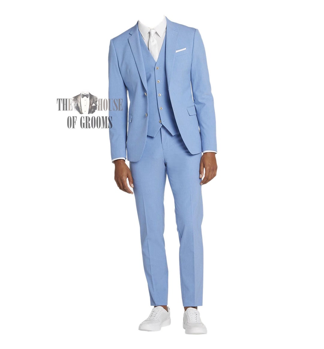 Men's Custom Fit Light Steel Blue 3 Piece Suit Notch Lapel Two Buttons ...