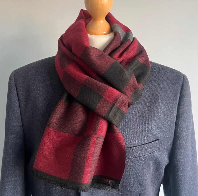 Men's Scarf Winter Classic Warm Plaid Red, Ash Grey & Black Soft Narrow ...