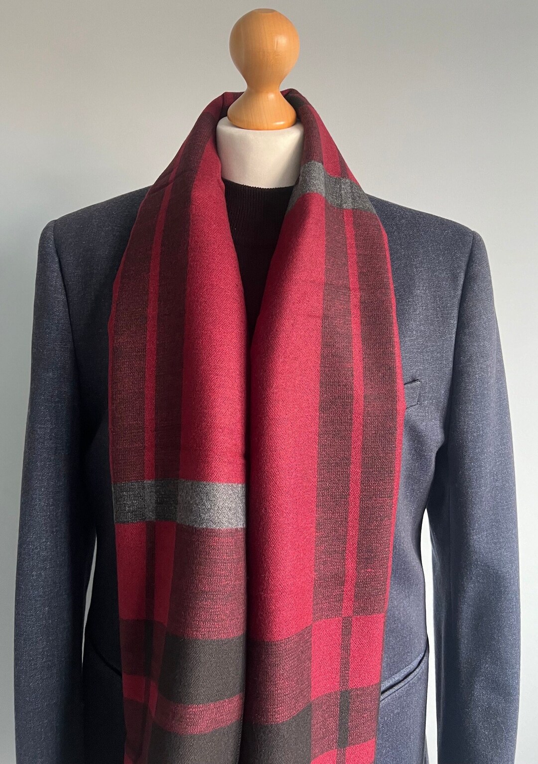 Men's Scarf Winter Classic Warm Plaid Red, Ash Grey & Black Soft Narrow ...