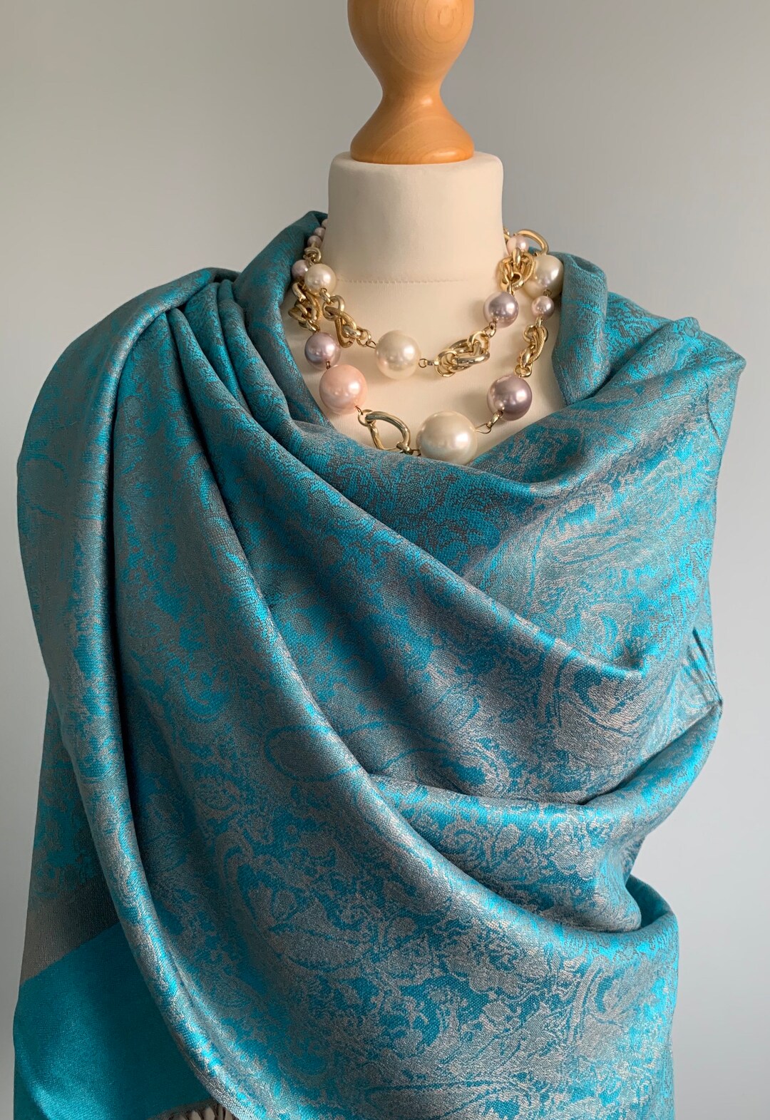 Aqua Scarf Cyan Teal Beige Blue Cashmere & Silk Pashmina - Etsy UK