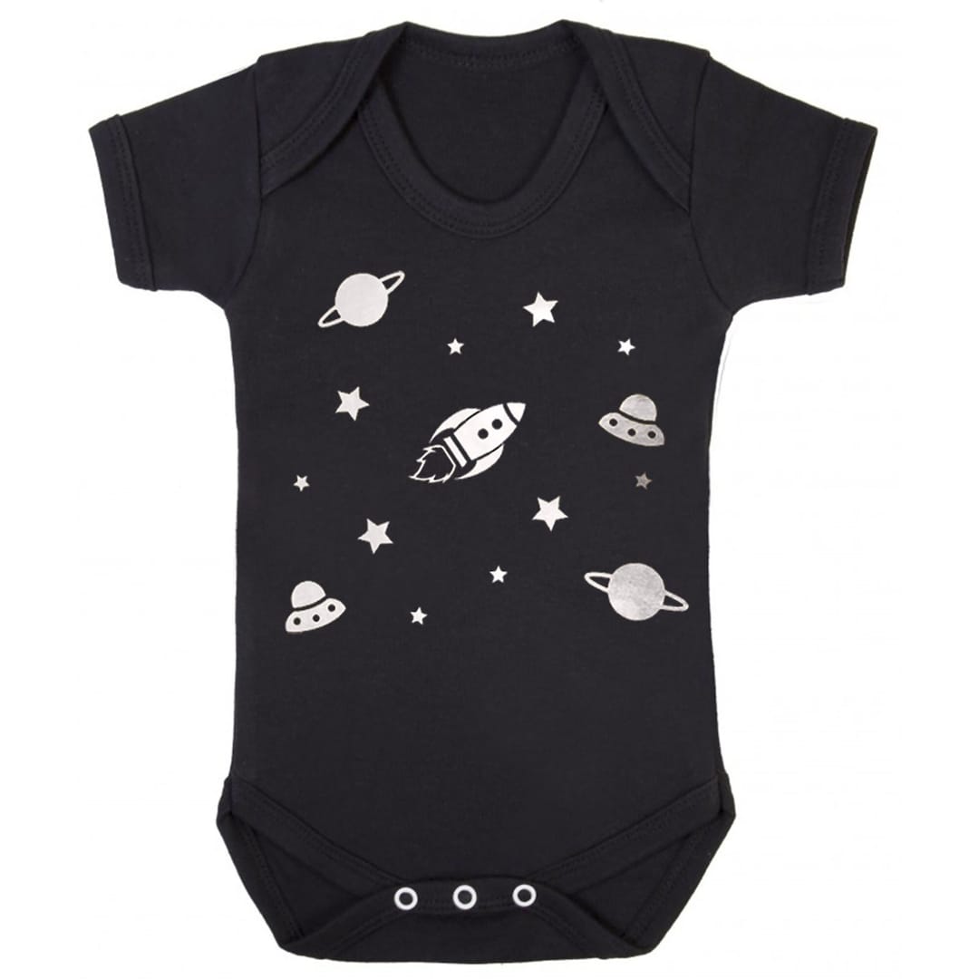 Cute Space Rocket UFO Planet Baby Grow Bodysuit Vest in Silver Metallic ...