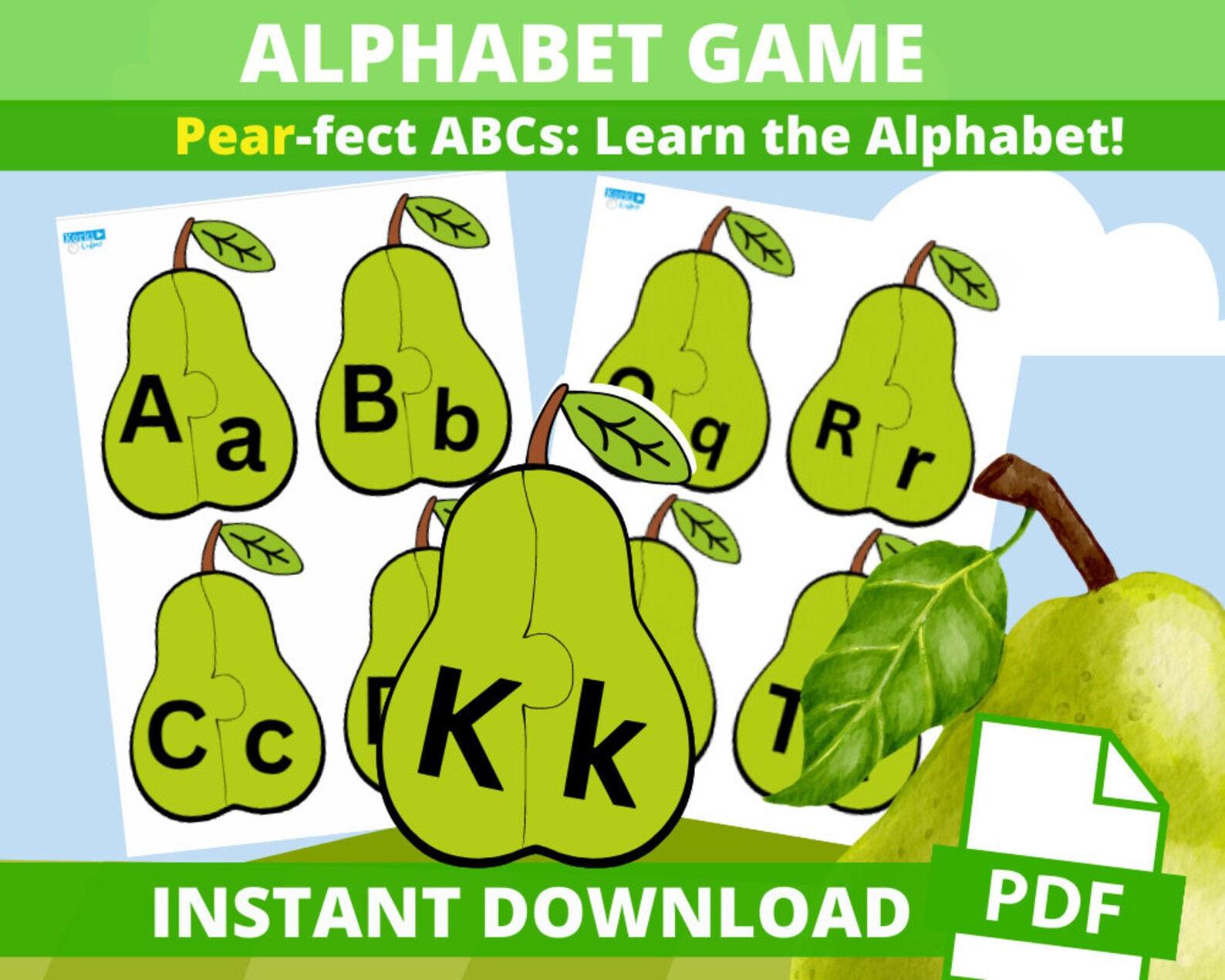 Pear Alphabet Matching Puzzle, Printable Fall Activity for Toddler and ...