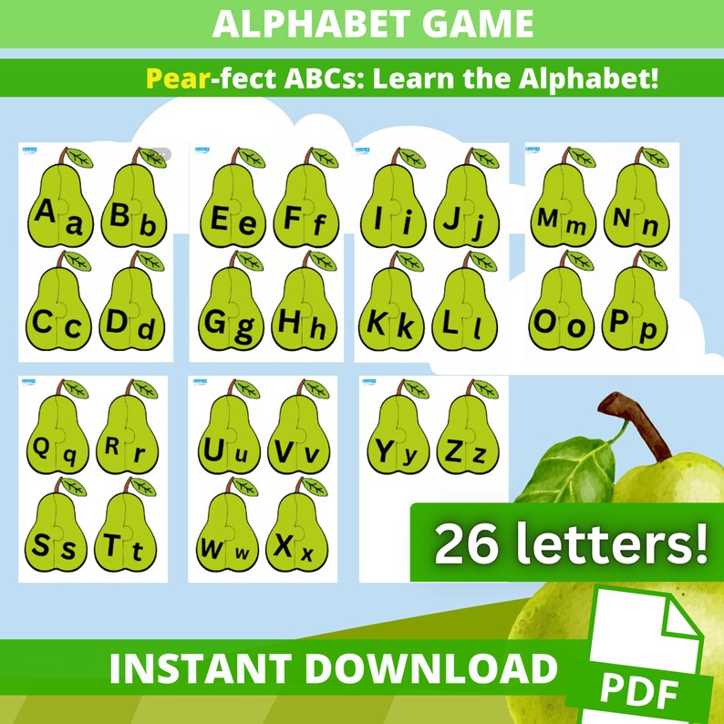 Pear Alphabet Matching Puzzle, Printable Fall Activity for Toddler and ...