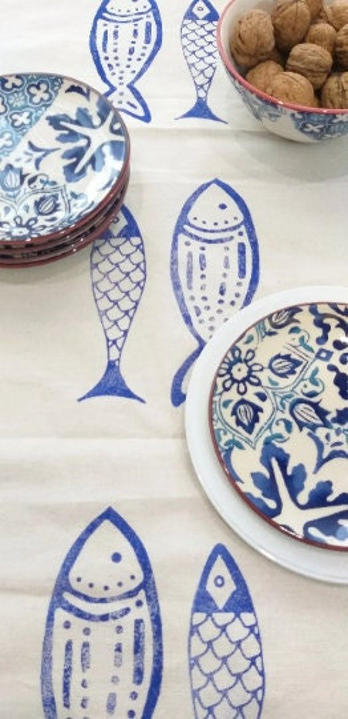 Farmhouse Table Linens. Coastal Table Runner. Hand Printed Table Runner ...