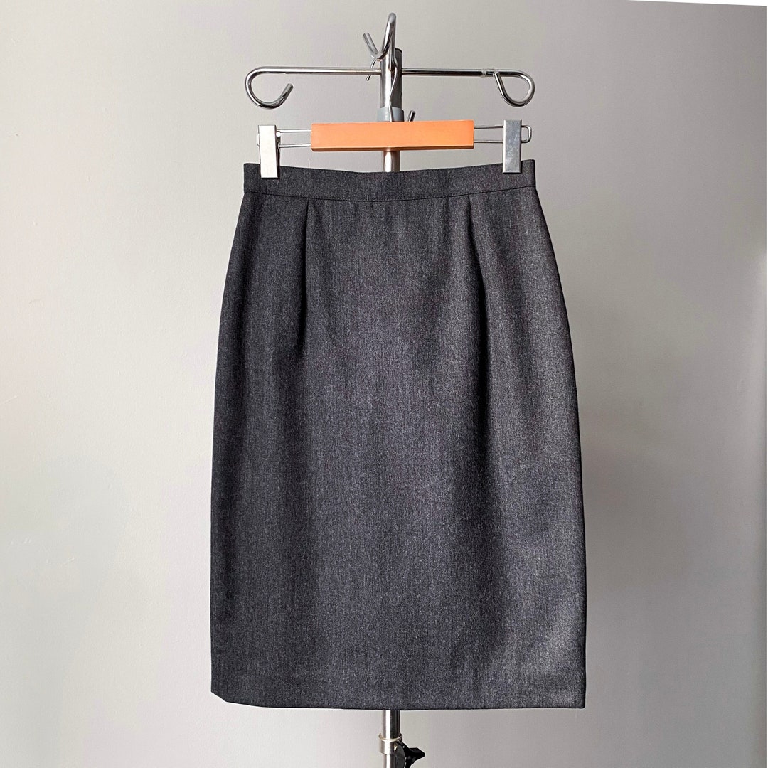 90s Vintage Gray High-waist Minimalist Wool Midi Pencil Skirt - Etsy
