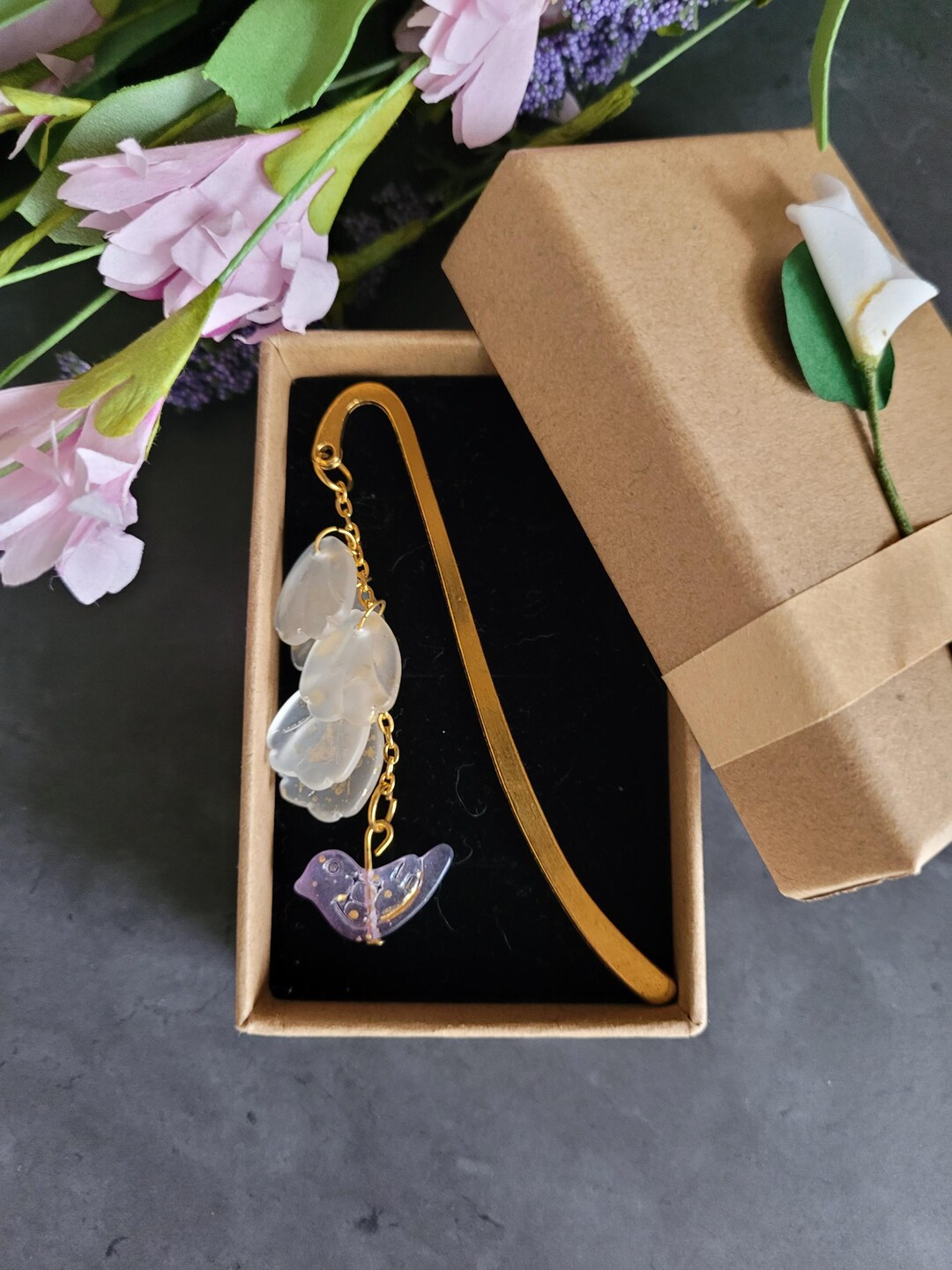 Metal Bookmarks | Acrylic Flower Petals | Gold Hook | Acrylic Bird ...
