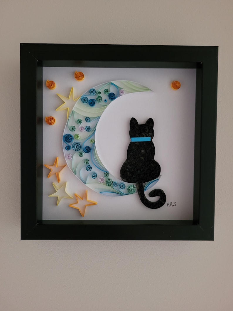 Paper Quilling Cat Moon Art: Framed Whimsical Decor (8x8 Inch) - Etsy