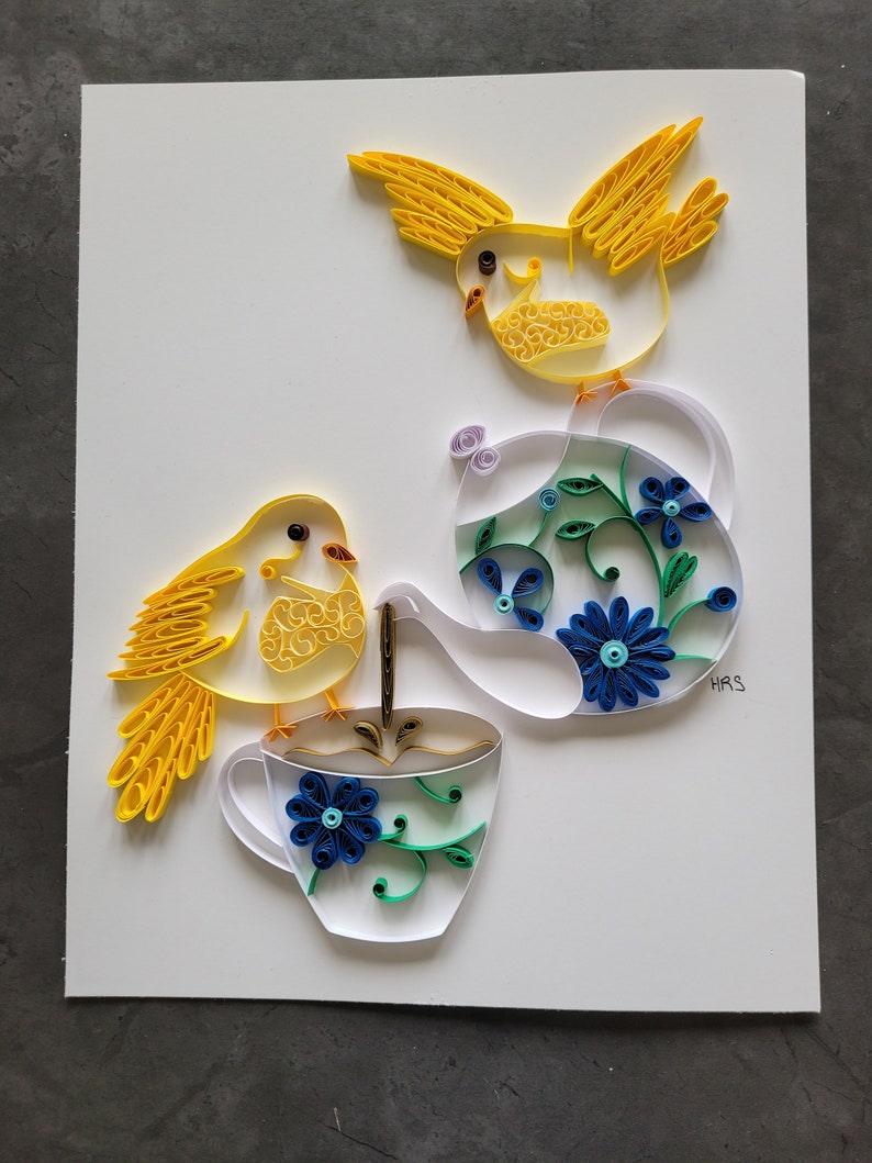 Paper Quilling Art: Birds at Tea, Framed Cottagecore Decor (8x10 Inch ...