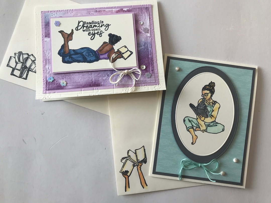 Girls Reading Books Greeting Cards, Handmade, Rubber-stamped, Layered W ...