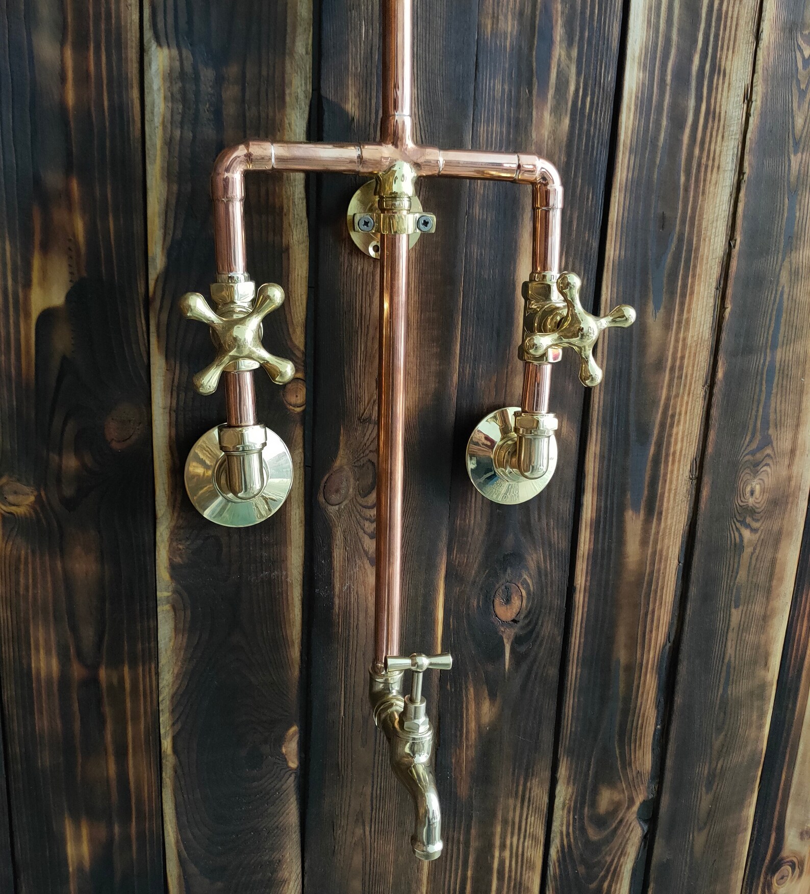 Solid Copper Farmhouse Shower System, Rainfall Shower With Footwash ...