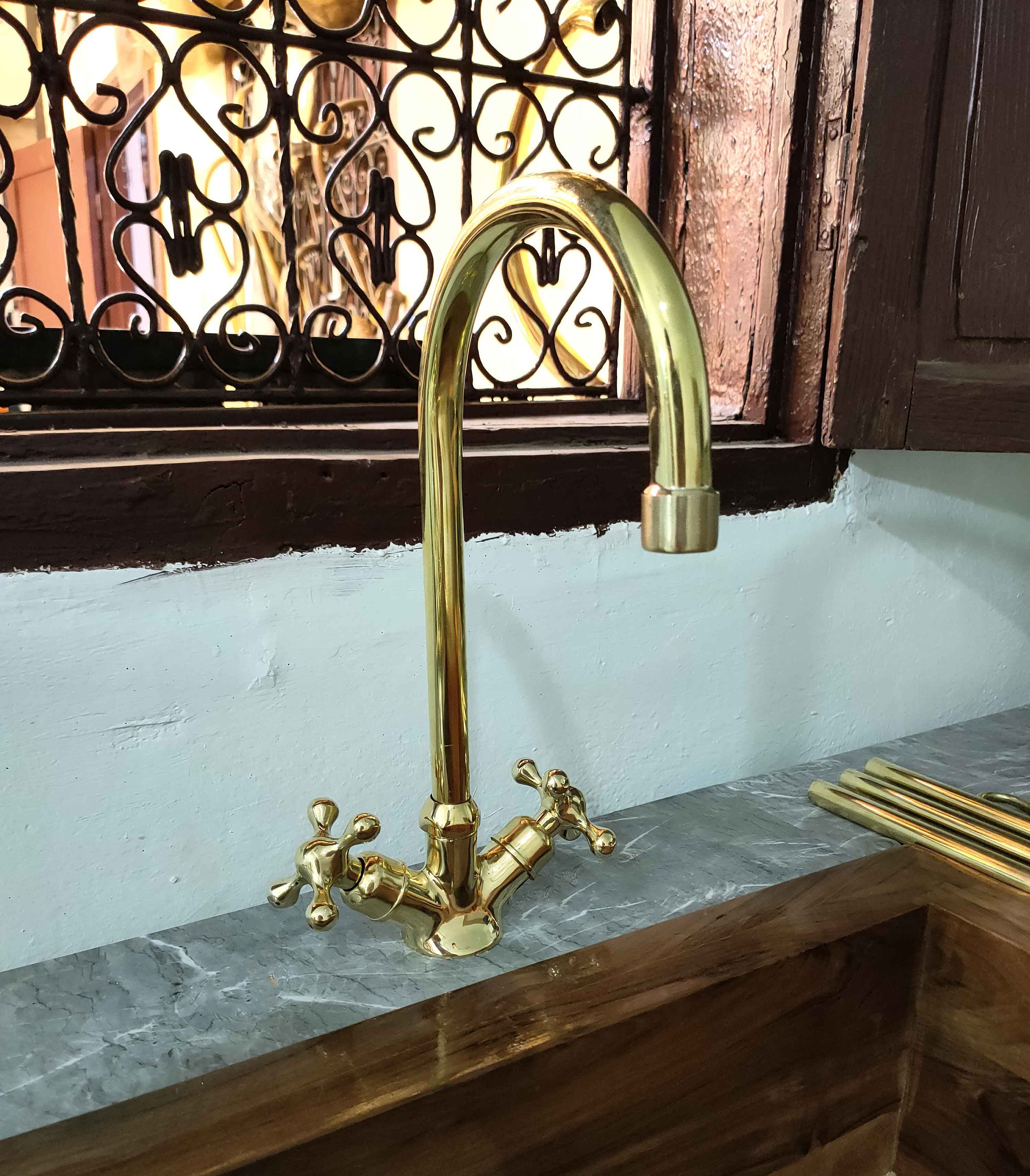 Unlacquered Brass Gooseneck Faucet With Aerator Two Handles - Etsy