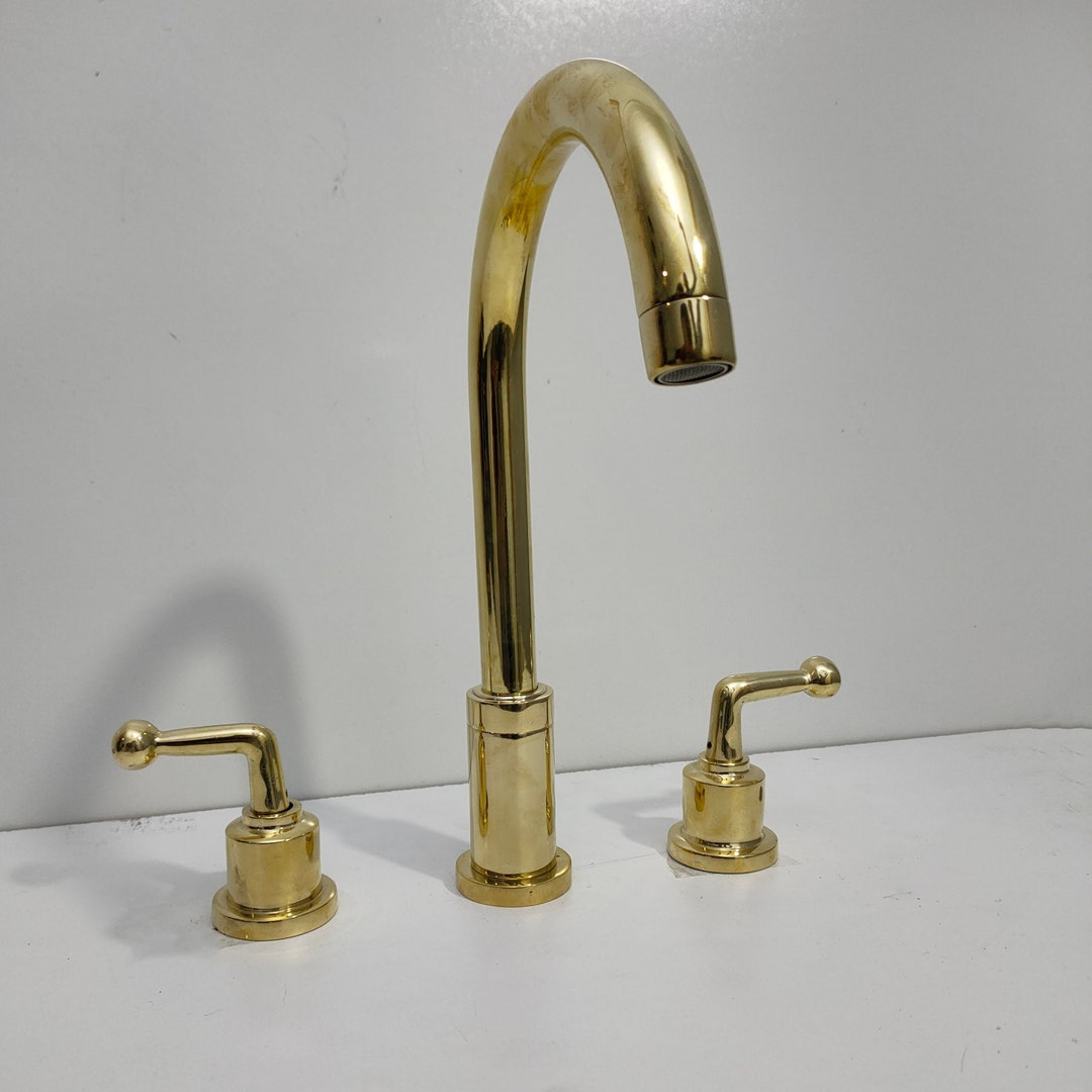 Unlacquered Brass Three Hole Bathroom Faucet, Lever Handle Faucet - Etsy