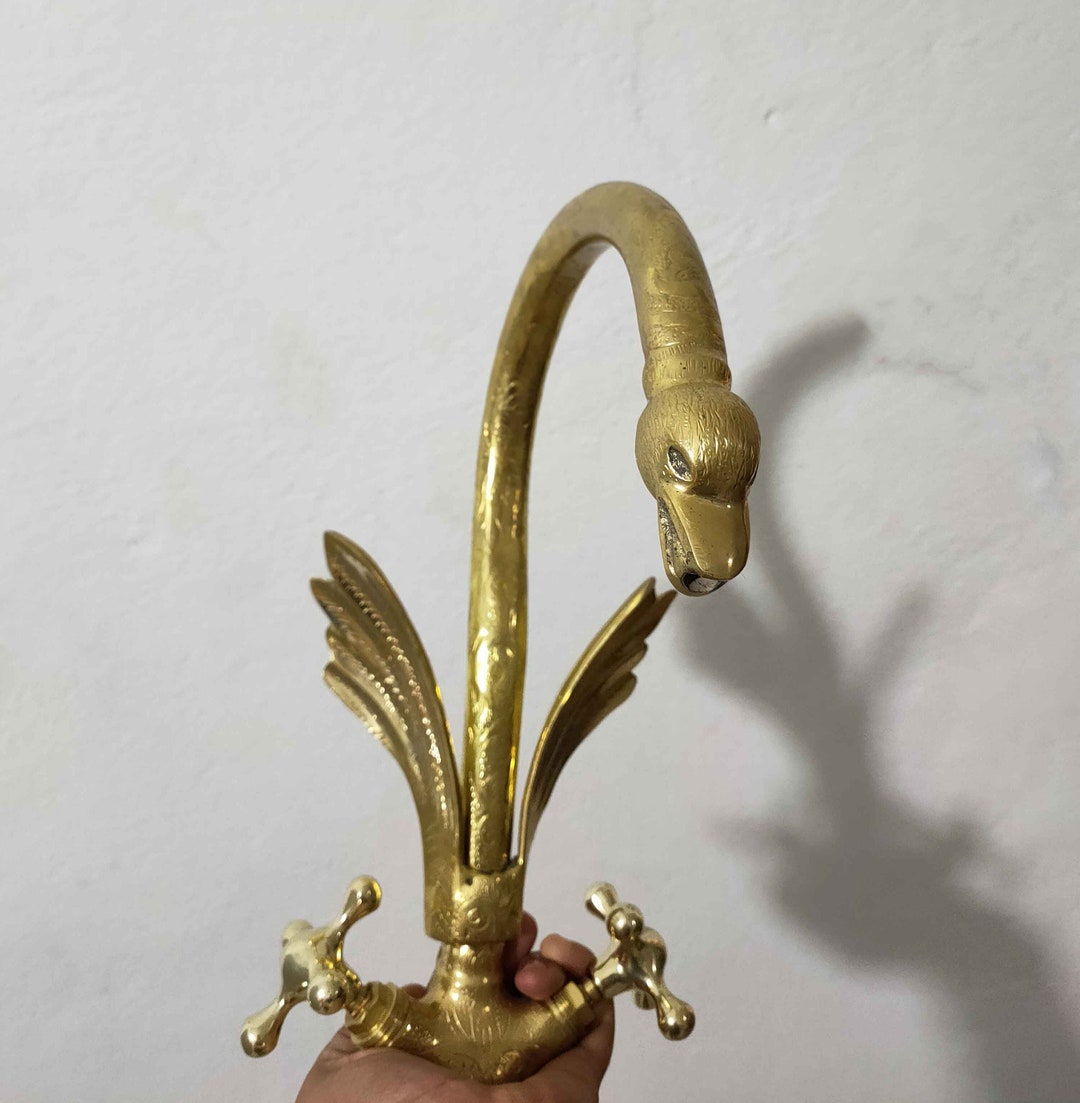 Unlacquered Brass Gooseneck Engraved Faucet, Duck Brass Faucet Bathroom ...