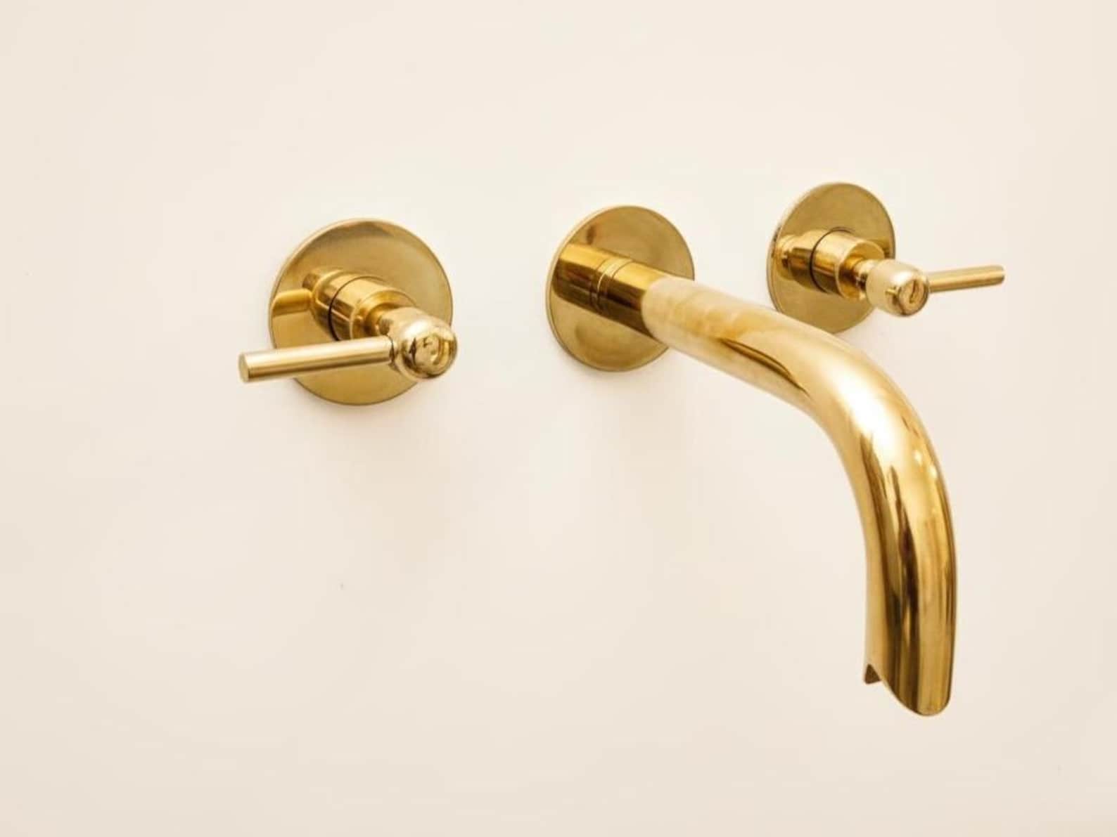 Unlacquered Brass Wall Mount Faucet Gold Double Handle | Lever Handle ...