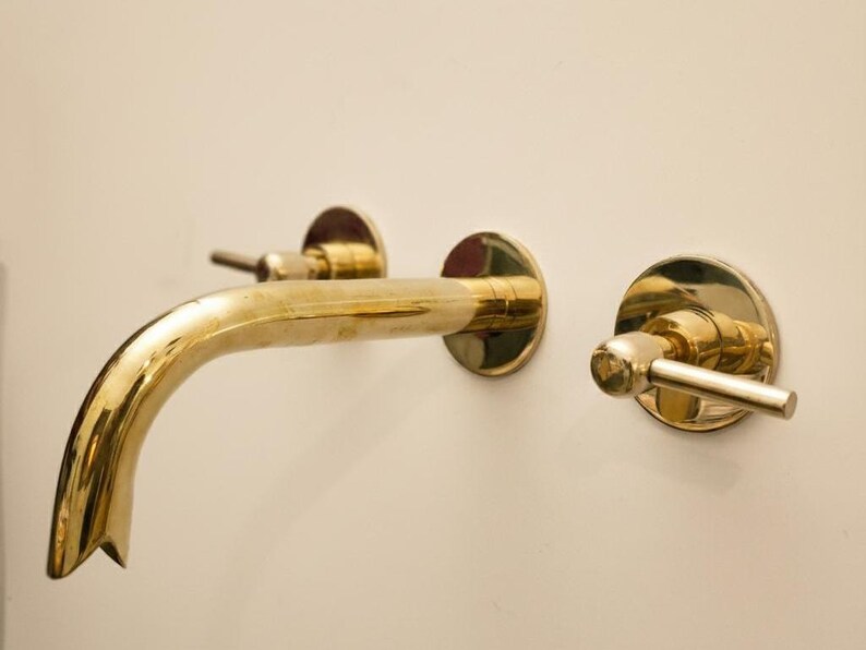 Unlacquered Brass Wall Mount Faucet Gold Double Handle | Lever Handle ...