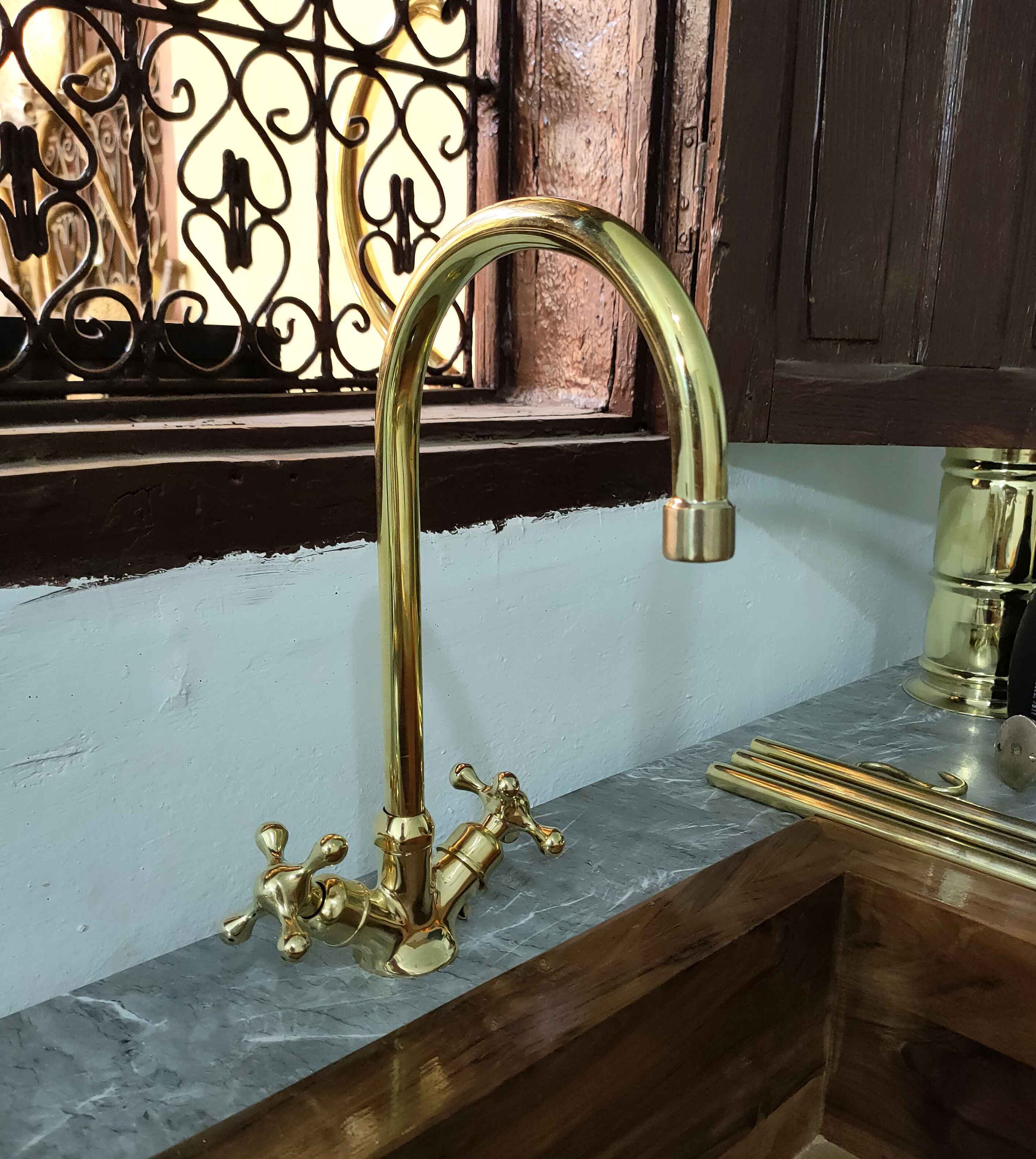 Unlacquered Brass Gooseneck Faucet With Aerator Two Handles - Etsy