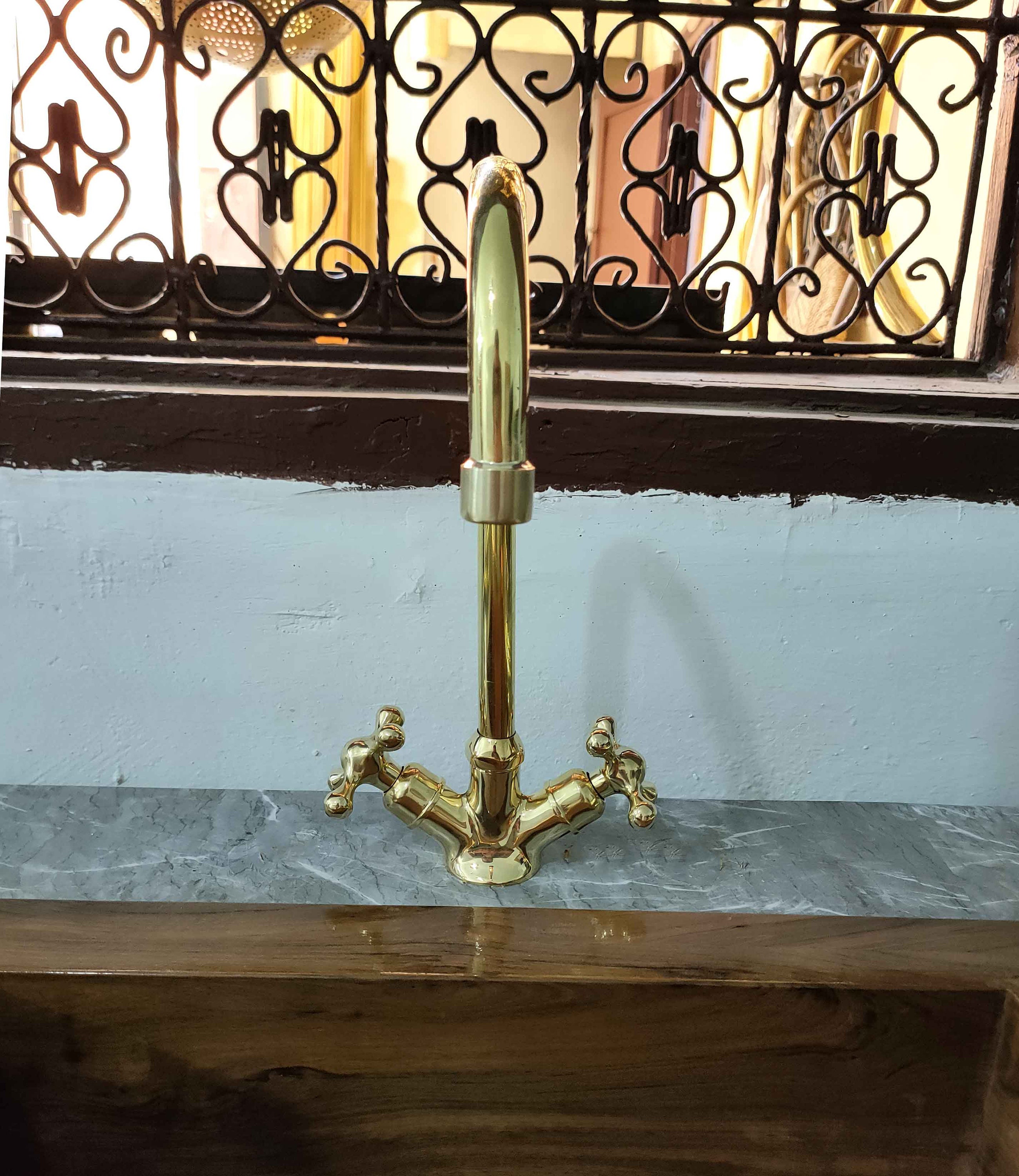 Unlacquered Brass Gooseneck Faucet With Aerator Two Handles - Etsy