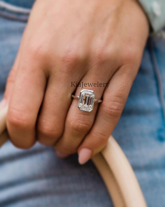 4 6ct Emerald Cut Moissanite Bezel Set Ring Emerald Cut Etsy
