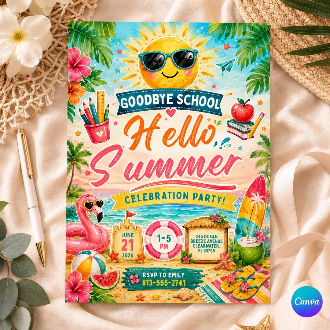 End of School Party Invitation, Hello Summer, Sunshine, Editable Canva ...