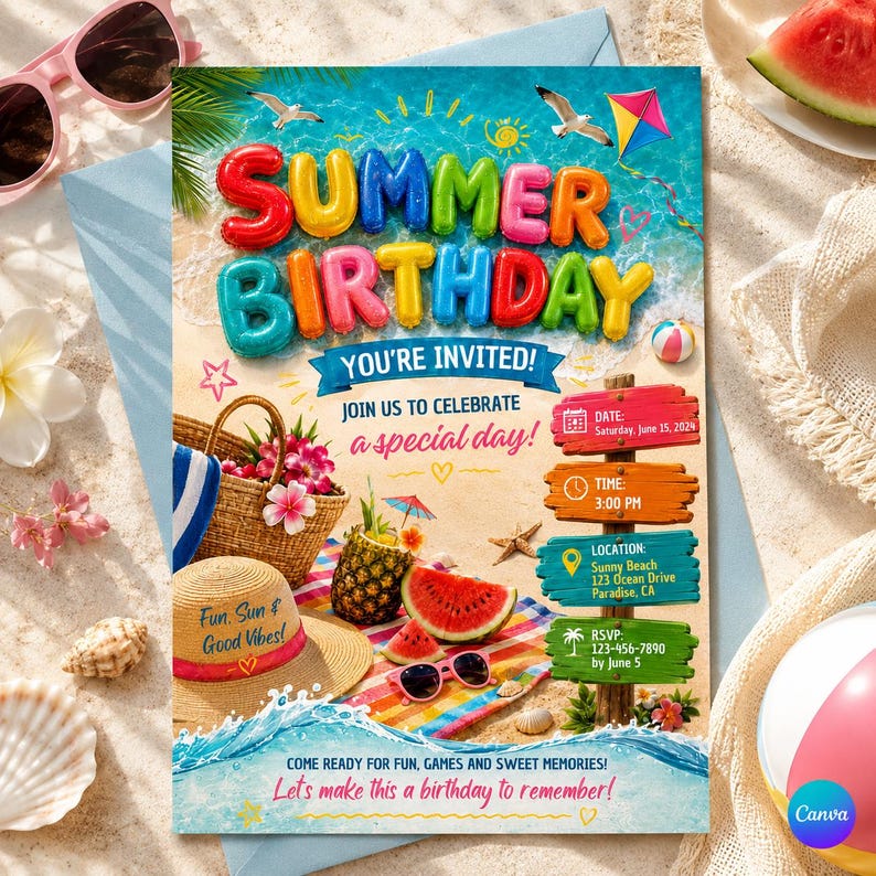 Summer Birthday Invitation, Tropical Beach Birthday Party Invite ...