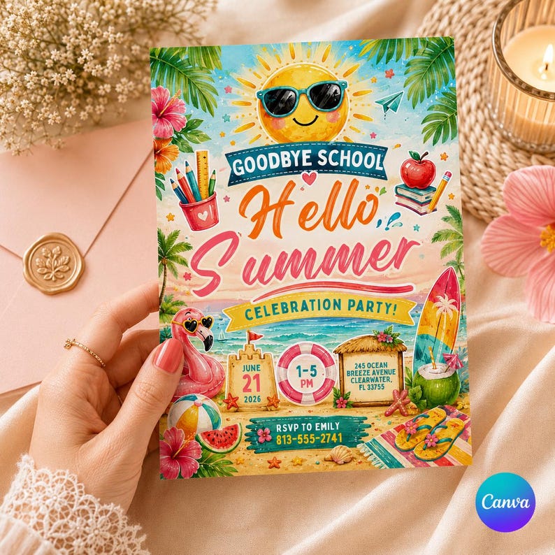 End of School Party Invitation, Hello Summer, Sunshine, Editable Canva ...