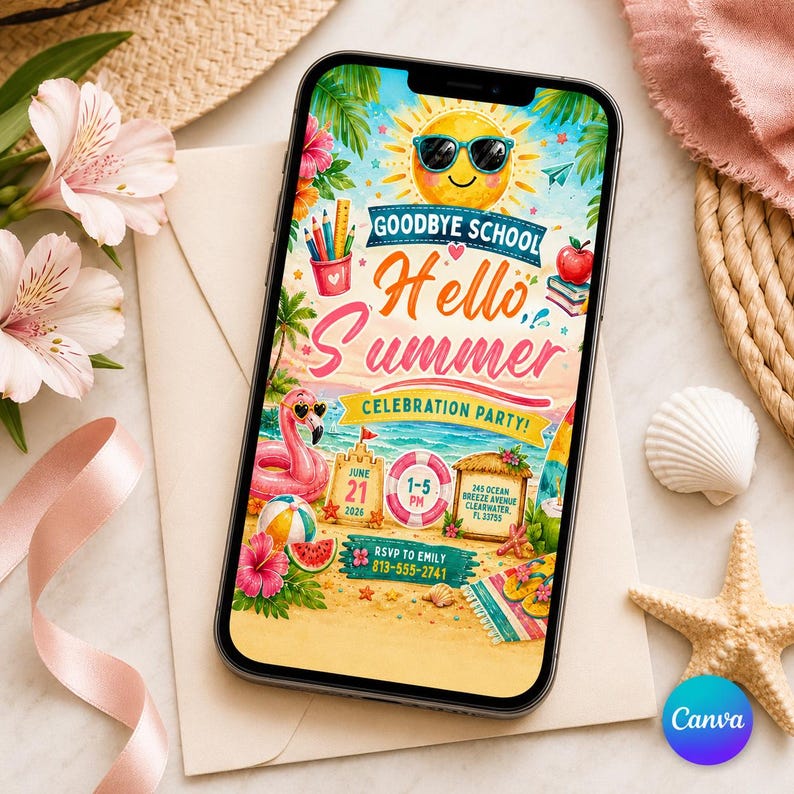 End of School Party Invitation, Hello Summer, Sunshine, Editable Canva ...