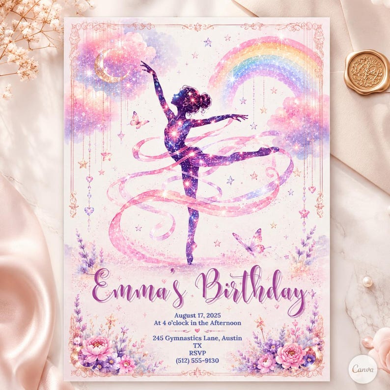 Editable Gymnastics Invitation Gymnastics Birthday Invite Preppy Retro ...