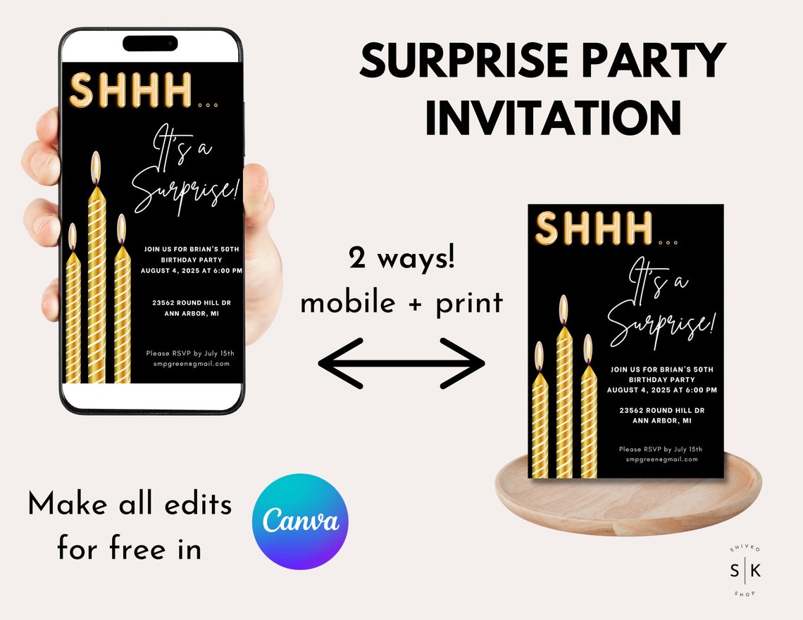 Shhh Invite, Shhh It's A Surprise Invitation, Surprise Birthday Party ...