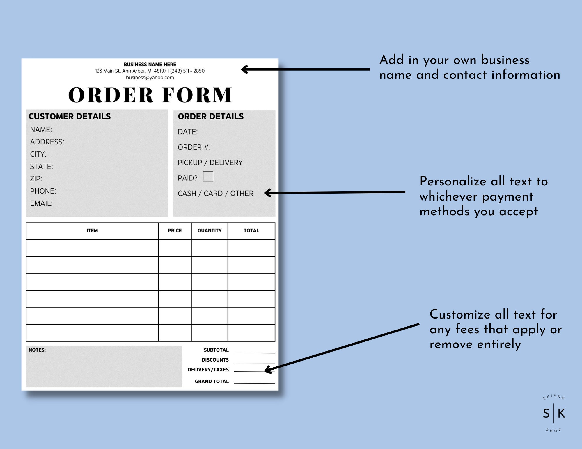 Order Form Template, Custom Order Form, Craft Order Form, Small ...