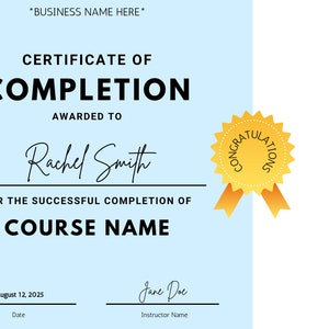 Certificate of Completion Template, DIY Certificate Template, Blue and ...
