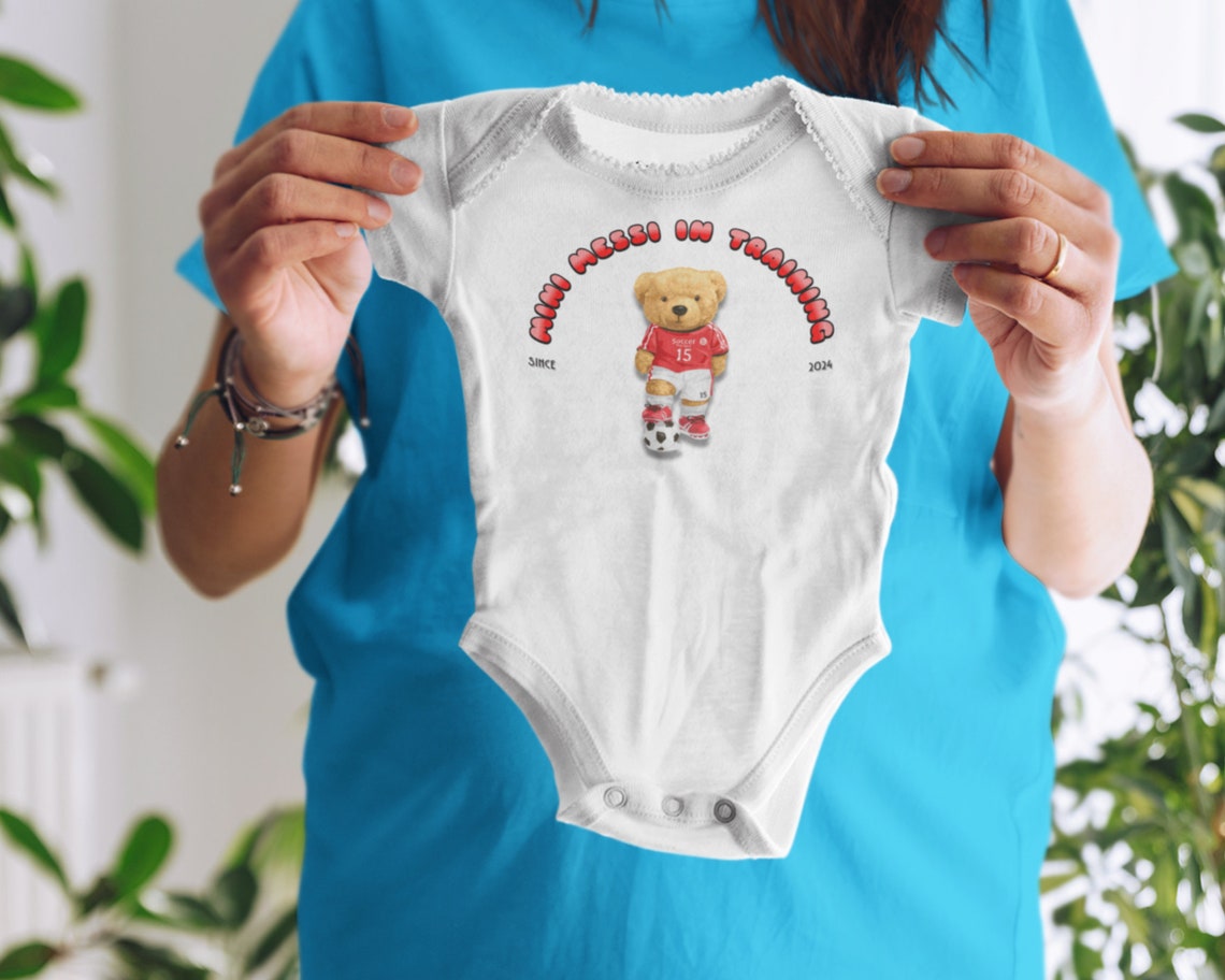 Mini Messi in Training Baby Onesie®, Teddy Bear Playing Soccer Bodysuit ...