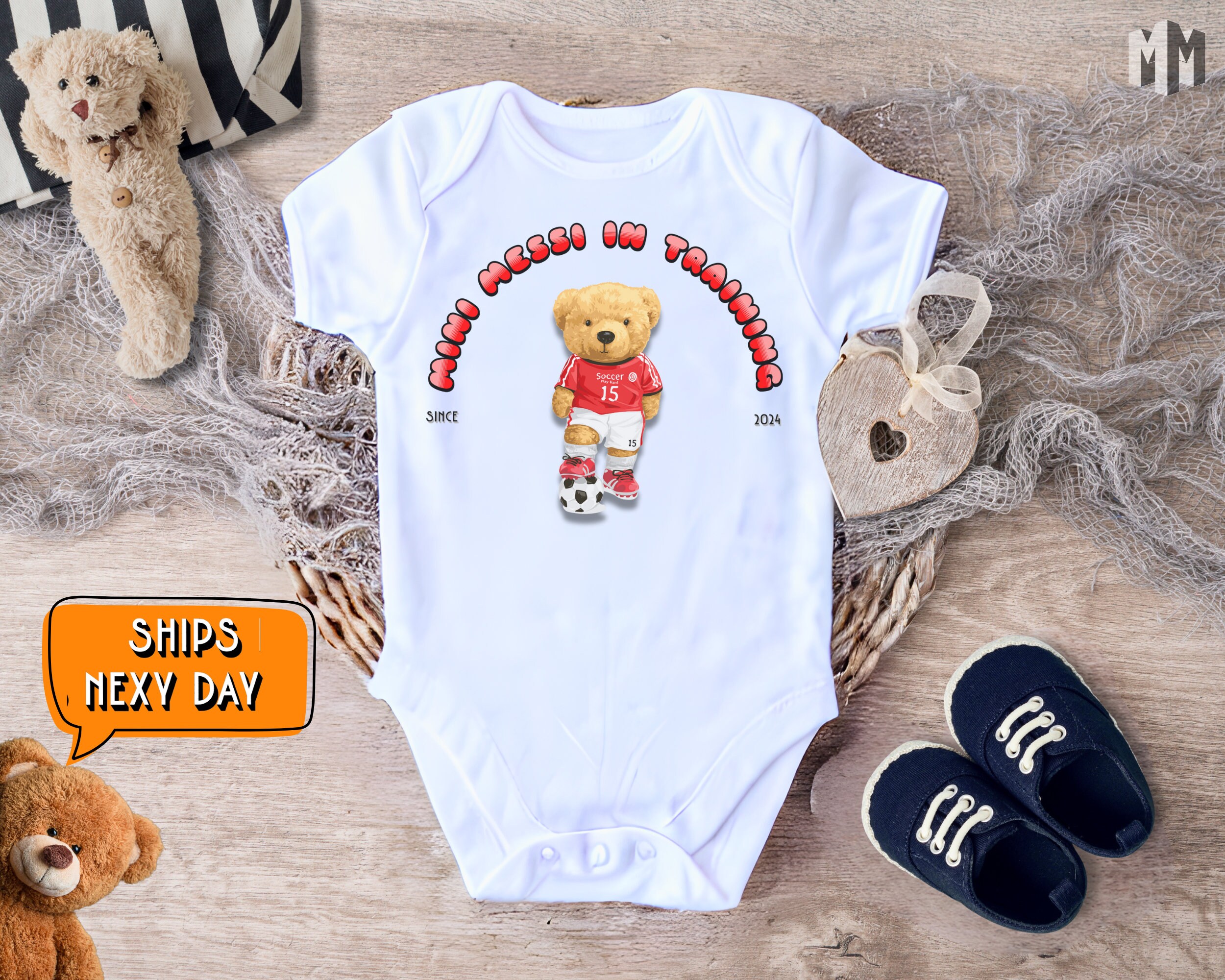 Mini Messi in Training Baby Onesie®, Teddy Bear Playing Soccer Bodysuit ...