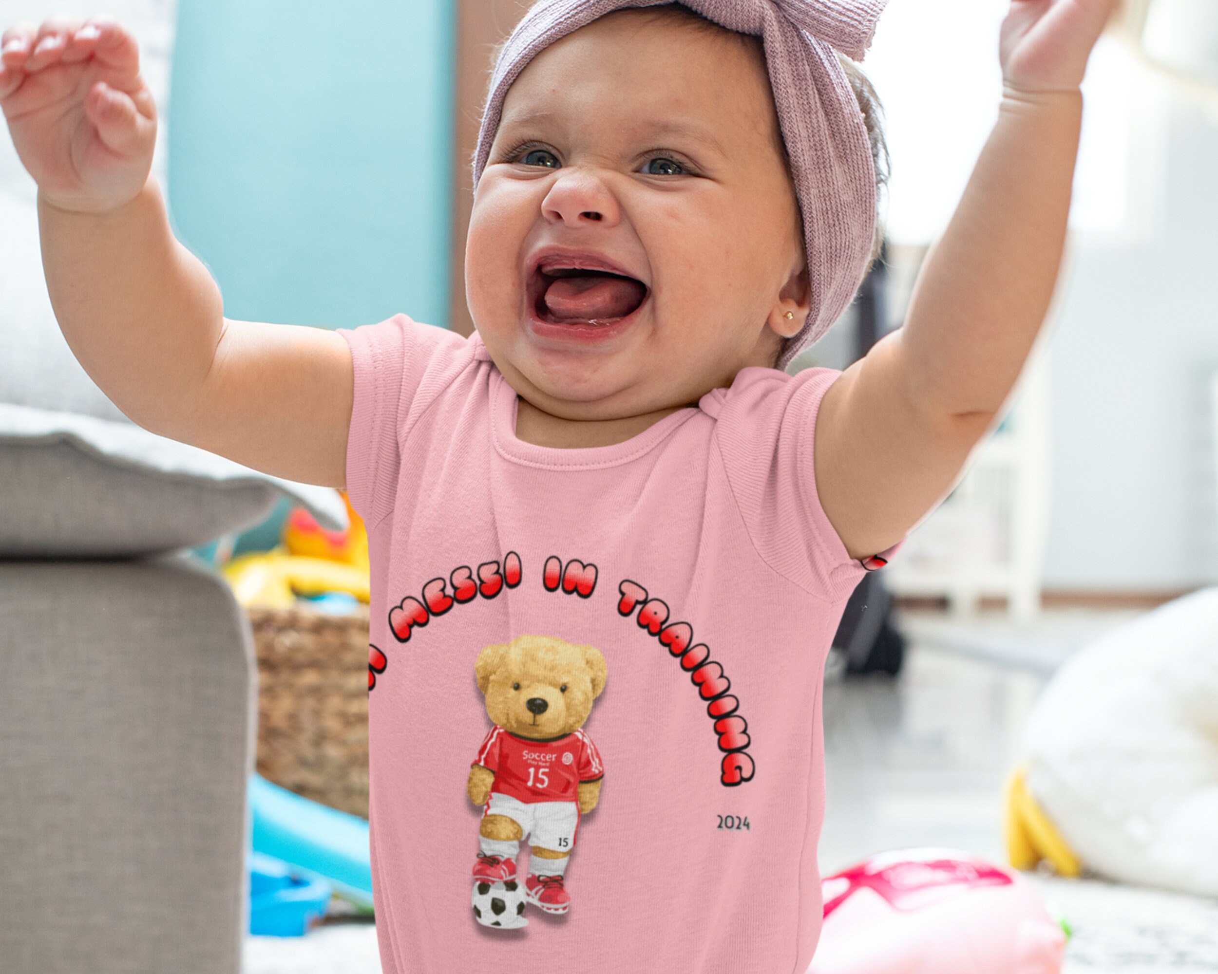 Mini Messi in Training Baby Onesie®, Teddy Bear Playing Soccer Bodysuit ...