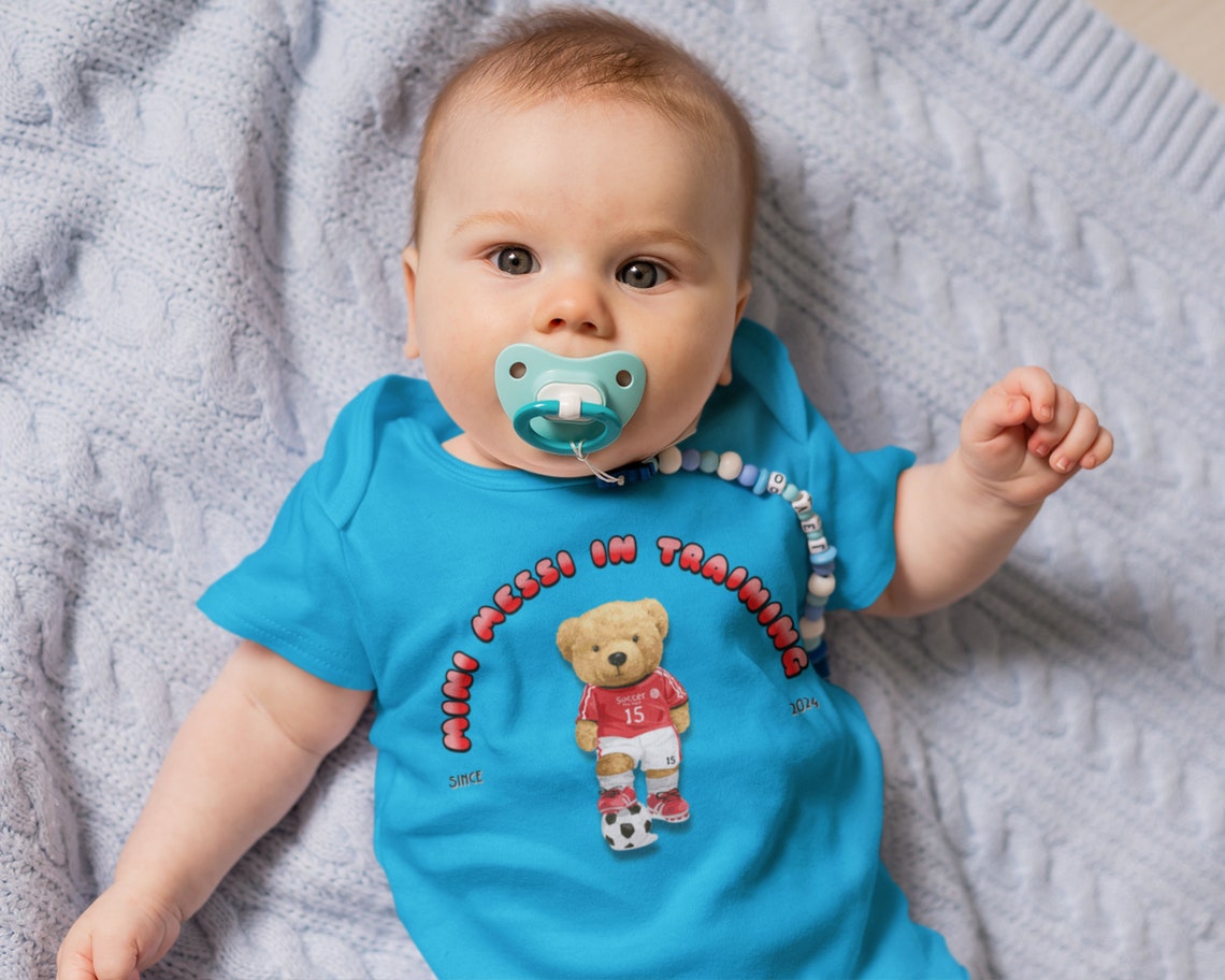 Mini Messi in Training Baby Onesie®, Teddy Bear Playing Soccer Bodysuit ...
