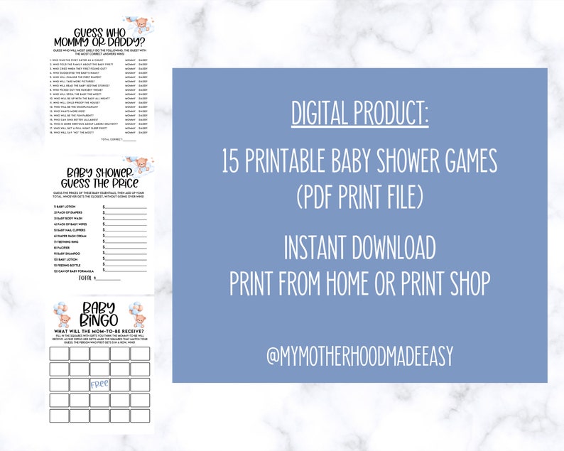 Blue Teddy Bear Baby Shower Games Bundle + Printable Baby Party Games ...