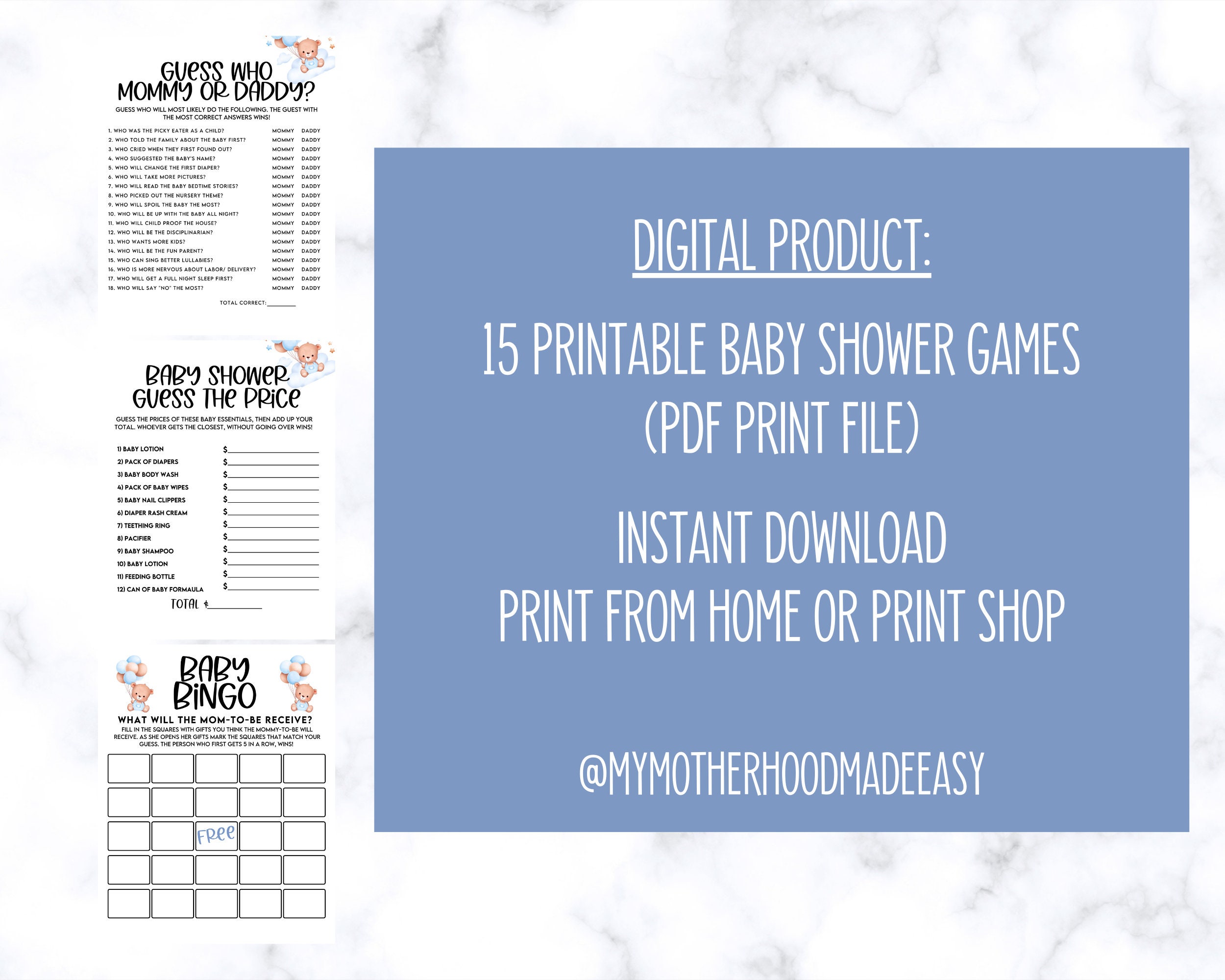 Blue Teddy Bear Baby Shower Games Bundle + Printable Baby Party Games ...