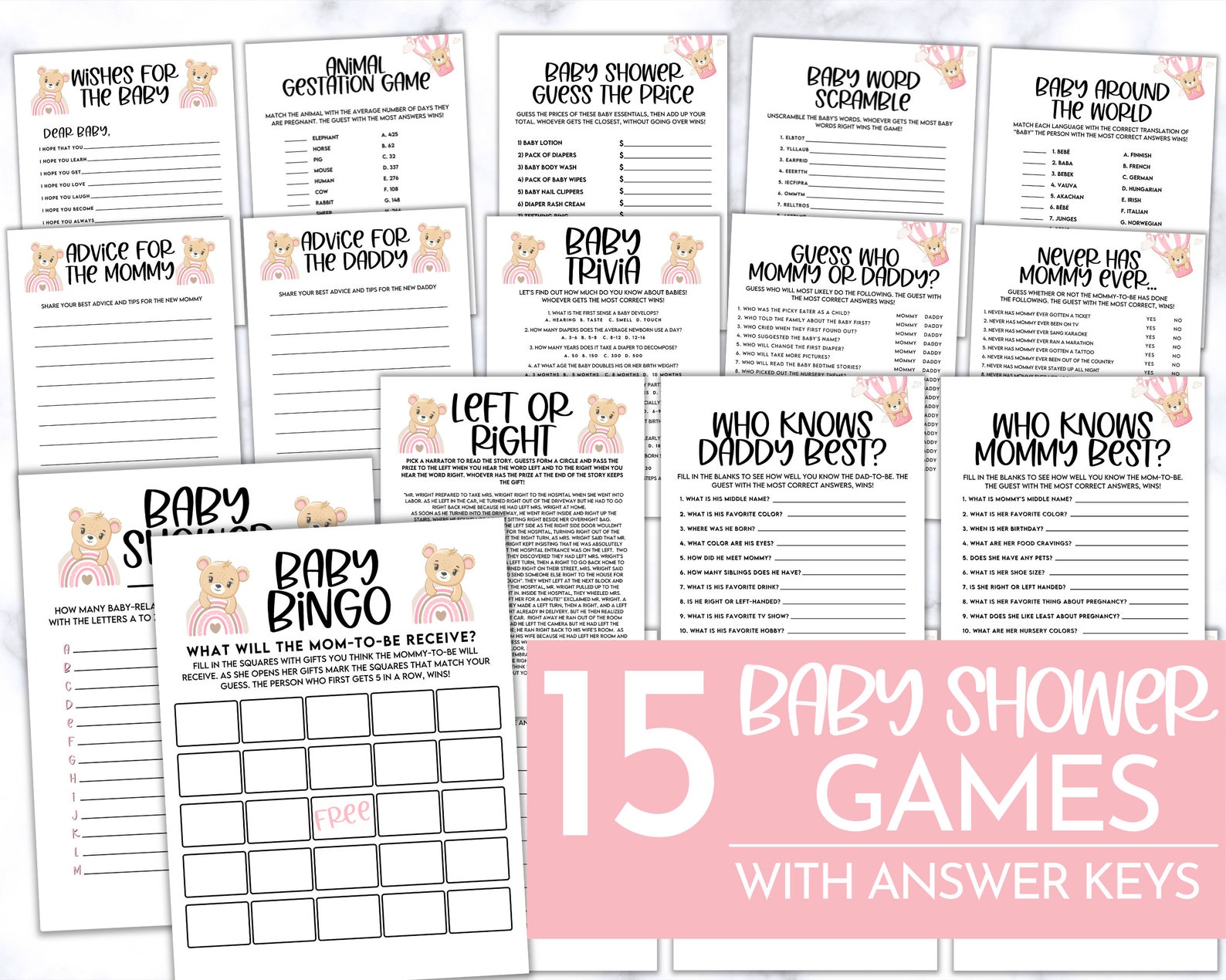Pink Teddy Bear Baby Shower Games Bundle + Printable Baby Party Games ...